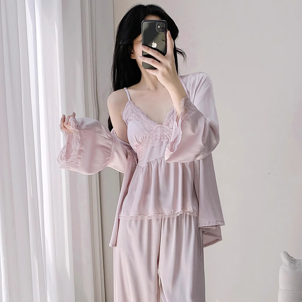冰丝绸女新款睡衣带胸垫春秋夏季垂感显瘦吊带长袖三件套装家居服