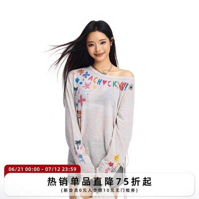 【Achock官方店】辣妹图案印花斜肩长袖T恤衫一字肩防晒罩衫上衣