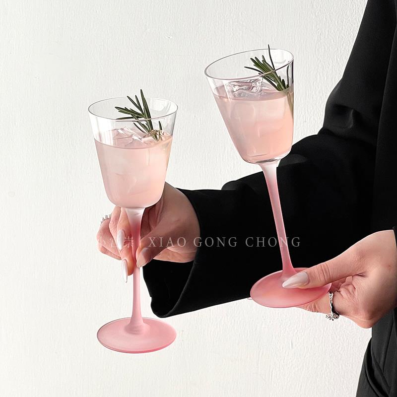 ins风磨砂粉高脚杯高颜值香槟杯甜酒杯红酒杯创意微醺鸡尾酒杯子