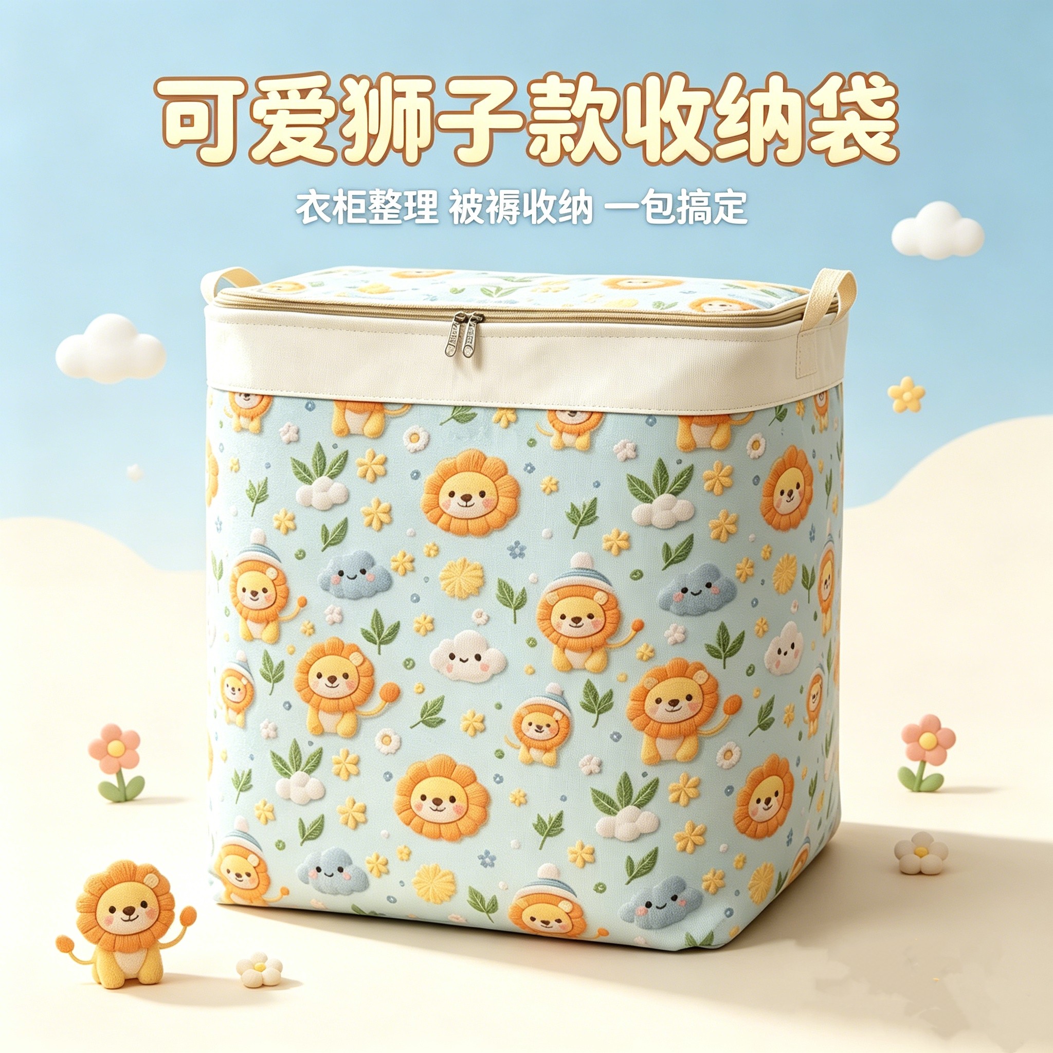 60-120升新款清新收纳箱加厚帆布带钢圈带盖双拉链收纳箱家用