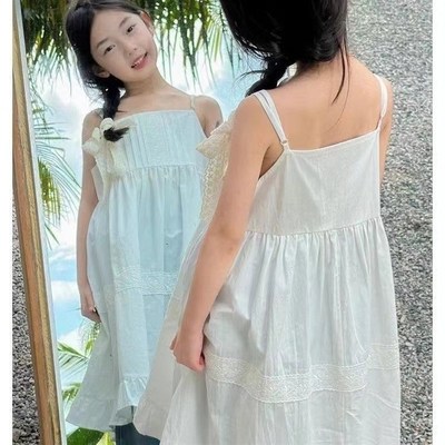 女童连衣裙夏季高级感十岁生日女孩公主裙白色吊带裙夏裙2024新款