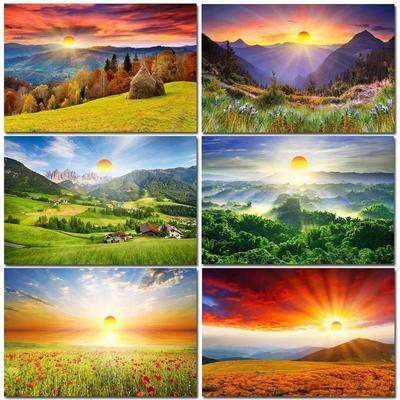 依山日出画、自然山水画、客厅财富装饰画、旭东升有山、无水风水