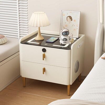 现代简约智c能床头柜无线充实木岩板奶油风多功能三色灯家用收纳
