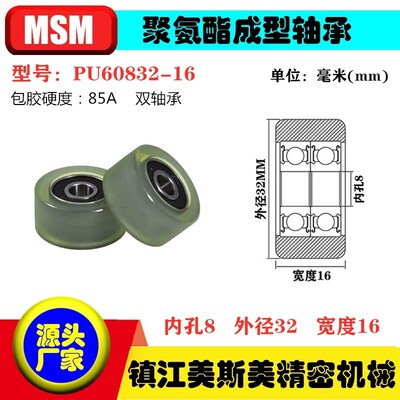 包胶滑轮双轴承85A聚氨酯滚轮静音耐磨导向轮压轮MSM-PU60832-16