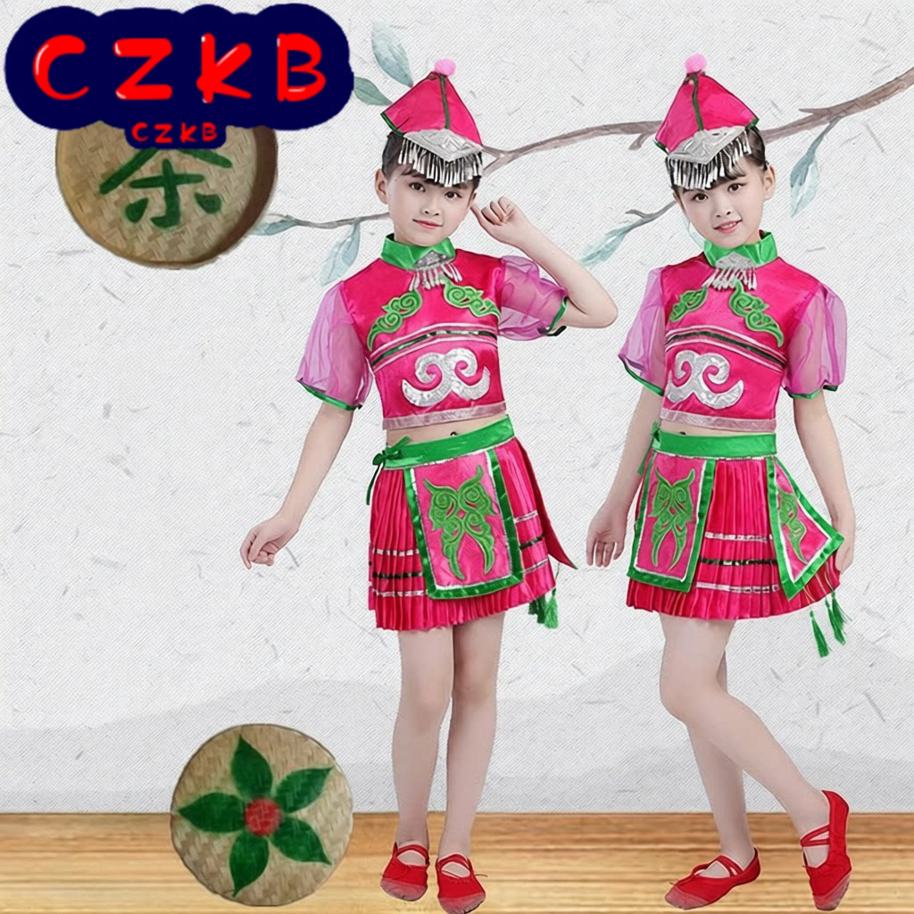 六一踩茶声声舞蹈服儿童道具踩茶姑娘彝族苗族演出服服饰古典群舞