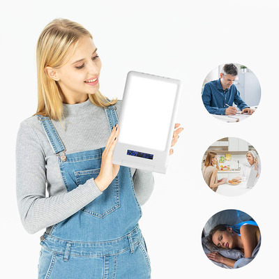 无线可充电SAD光疗灯蓝光冷光缓解季节性抑郁自动唤醒灯14种闹铃