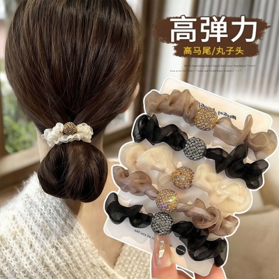 洋气头绳网纱褶皱欧根纱水钻发圈