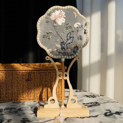 杏雨梨云珠边异形圆形团扇刺绣古风拍照走秀道具汉服扇子