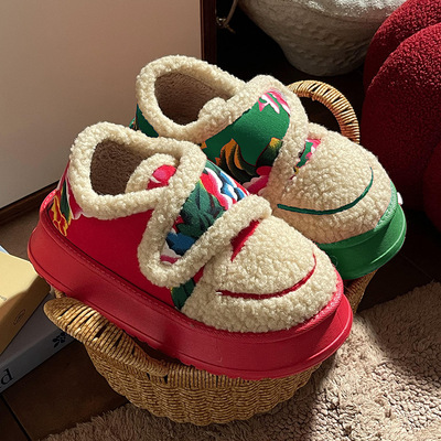 东北大花冬季保暖羊羔绒棉拖鞋
