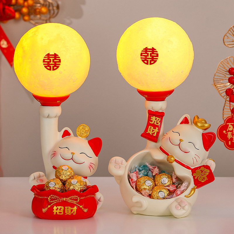 招财猫乔迁新居玄关电视柜摆件新款结婚双喜床头小夜灯钥匙扣收纳