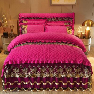 冬季加厚四件套组 蕾丝刺绣水晶绒防滑珊瑚绒床罩保暖寝具