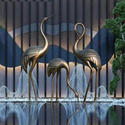 新中式仙鹤雕塑玻璃钢水池假山售楼部园林草坪庭院抽象丹顶鹤摆件