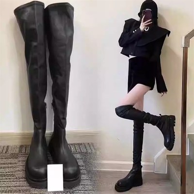 长靴女过膝靴厚底防水台显瘦弹力靴侧拉链高筒瘦瘦靴平底长筒靴