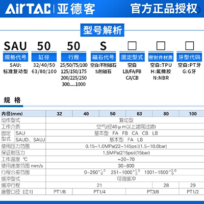 亚德客气动标准气缸大推力SAU32X25X50X75X100X150X200X225X250S