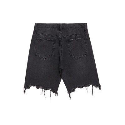 IDLT 毛边黑色牛仔短裤 夏季新款 黑色牛仔五分裤子中裤 水洗简约