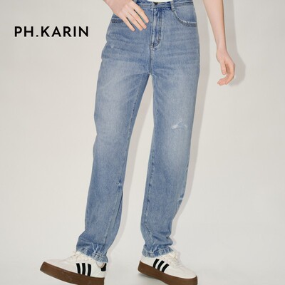 【贝贝专属】PH KARIN时髦设计感破洞磨毛牛仔裤女夏新款高腰显瘦