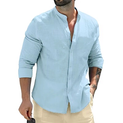 Men's Cotton Long Sleeve Shirts Casual Button Down Banded C