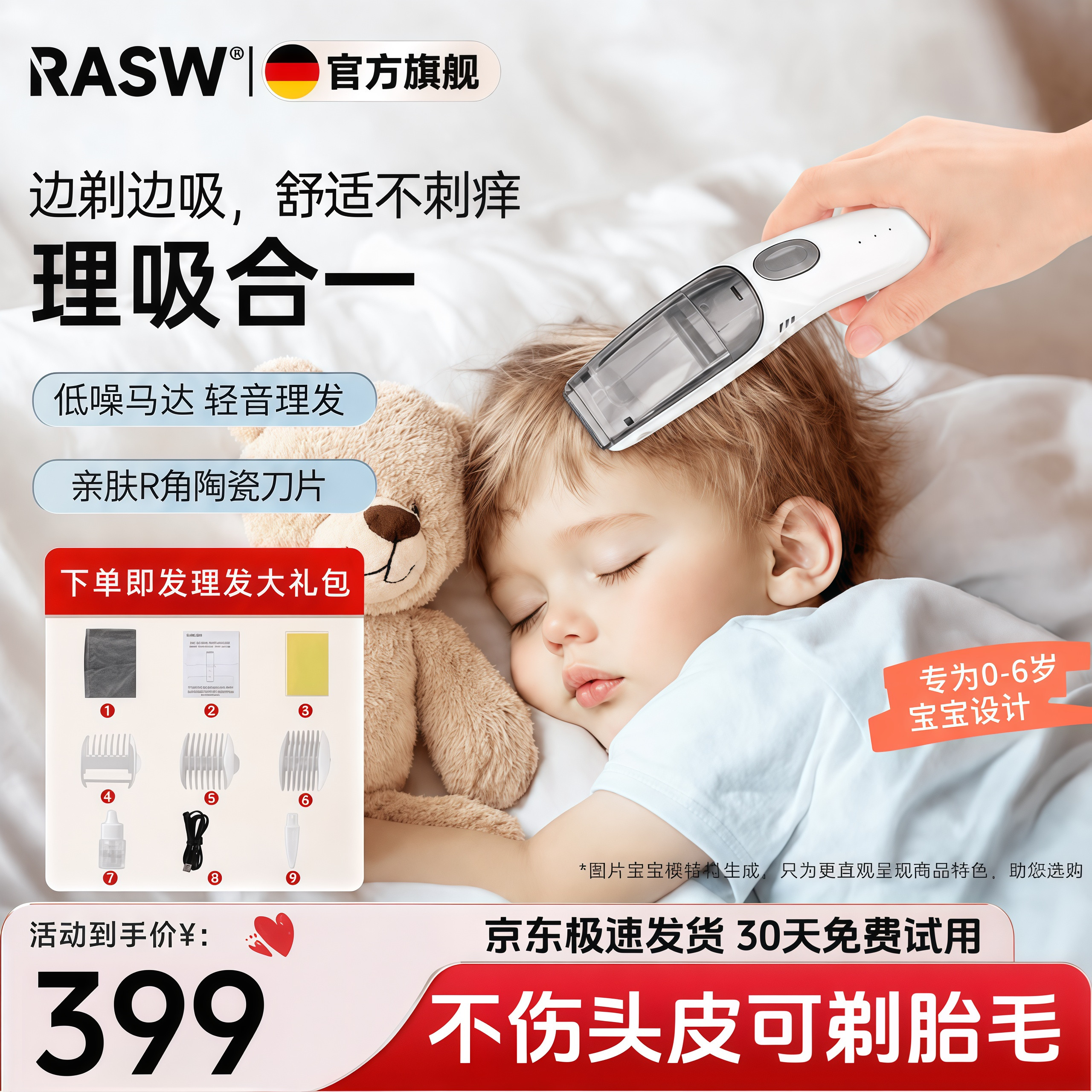 ASW德国婴儿理发器超静音自动吸发宝宝专用0-3岁不伤头皮剃胎毛器