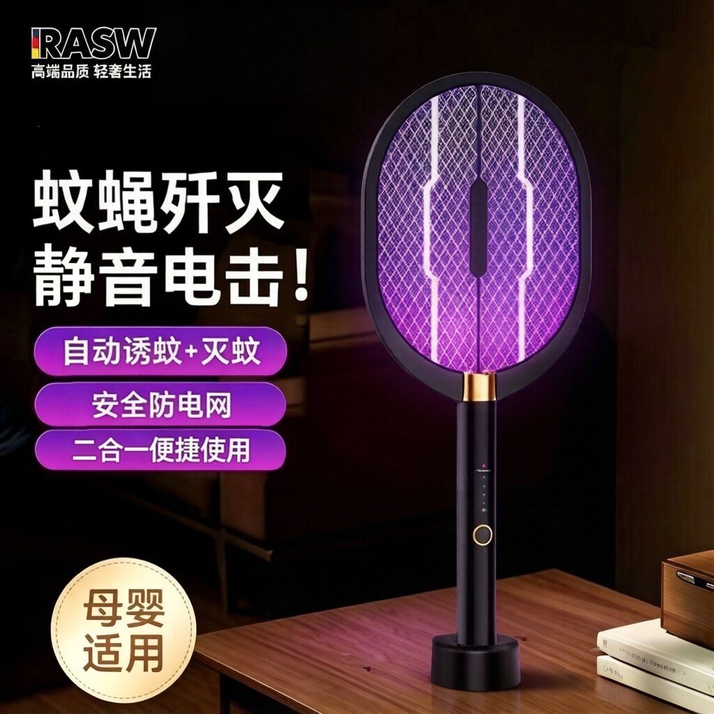 RASW高端电蚊拍充电家用强力二合一灭蚊灯诱蚊母婴静音灭蚊蝇神器