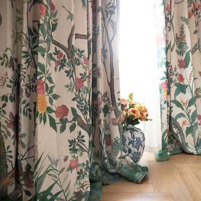 米色法式中国风Chinoiserie中式花鸟乡村田园中古风卧室客厅窗帘