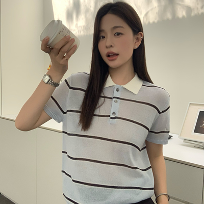 KITTIN-26夏上新韩系设计感条纹撞色领短袖针织衫（含28羊毛）K17