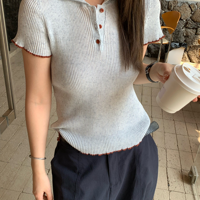 KITTIN-夏上新POLO撞色领修身花边短袖T恤K156#