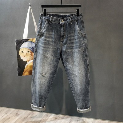 春秋小脚牛仔裤小破洞潮流百搭哈伦裤子男款宽松大码高街老爹男裤