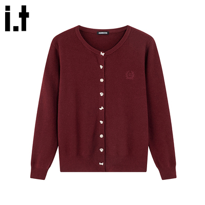 i.t GROUNDZERO2025秋冬酒红色毛衣外套针织衫刺绣时尚V领开衫女