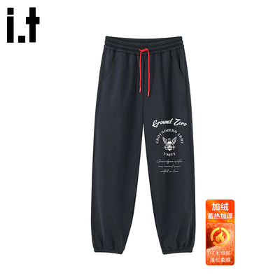 i.tGROUNDZERO秋冬复古显瘦百搭情侣直筒藏青色加绒卫裤腿长裤子
