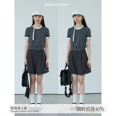 aww 日系大小姐·灰色撞色飘带泡泡袖短袖圆领小上衣