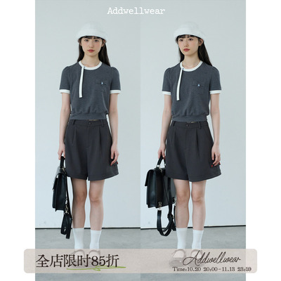 aww 日系大小姐·灰色撞色飘带泡泡袖短袖圆领小上衣