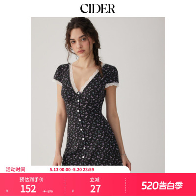 CIDER2026春季新品碎花V领蕾丝边高腰A字迷你连衣裙115285474