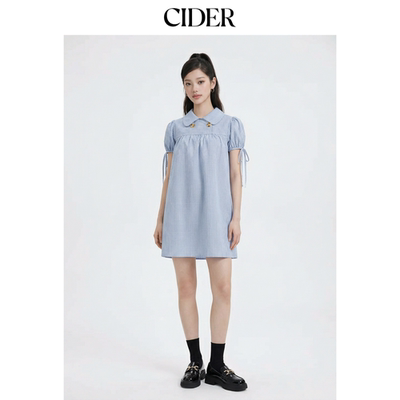 CIDER2026春季新品棉质混纺彼得潘领格纹抽绳迷你连衣裙115161449