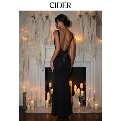 CIDER2026春季新品纯色圆领蝴蝶结露背长连衣裙112867231