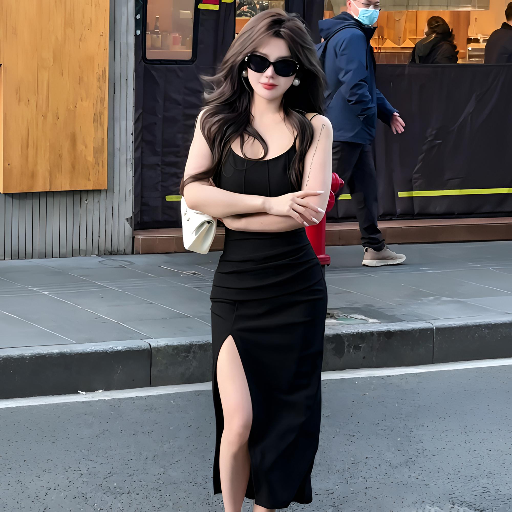 纯欲辣妹黑色无袖吊带连衣裙女2026夏季侧开叉收腰显瘦包臀中长裙