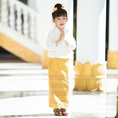 沙芭利 清爽傣族服装女童多色筒裙白金传统套装亲子民族风套装