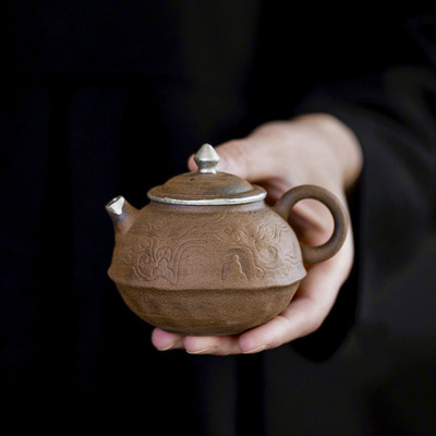 空寂斋老岩泥手作茶壶纯手工鎏银带过泡茶壶功夫茶具单壶