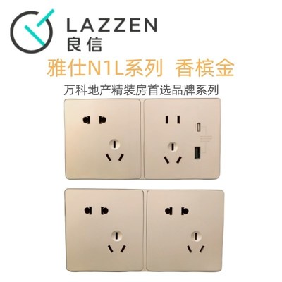 Nader良信香槟金 单开双控五孔空调电脑二位连体联排开关插座面板