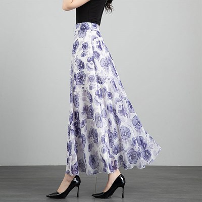 2025新款夏季雪纺印花a字半身裙女高腰大摆伞裙大码显瘦气质长裙