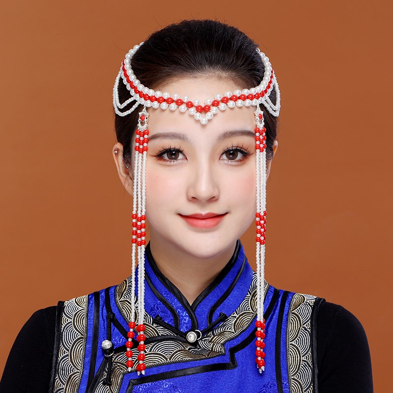 蒙古族长款流苏女士头饰民族风手工串珠佩饰舞蹈演出配饰新娘发饰