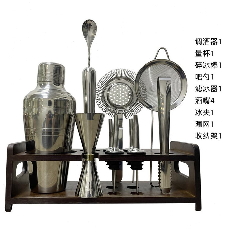 甄选木架调酒器套装304不锈钢酒具12件套摇酒壶鸡尾酒调酒器套件