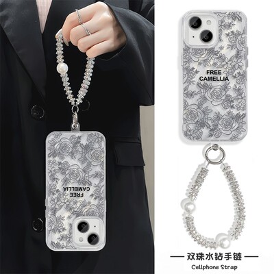 玫瑰花iPhone16E手机壳带挂绳NOTE14荣耀300羽纱K80苹果15Plus适用RENO13硬12ProMax高级感P70女ins风S20创意