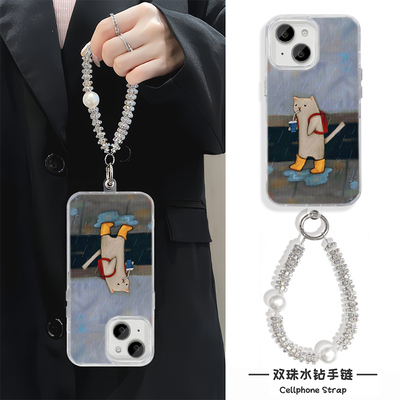 emo猫咪手机壳带挂绳RENO13羽纱S19高级感iPhone12适用MATE70苹果14Plus硬16ProMax创意手腕FINDX8卡通小米15