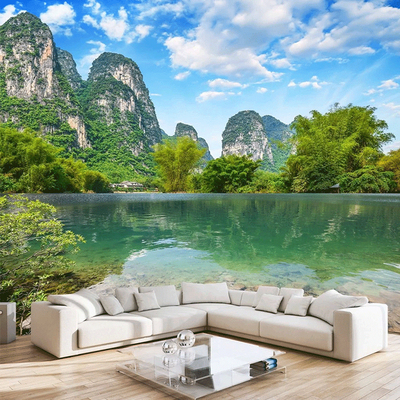 自然风景壁纸饭厅客厅电视背景墙纸桂林山水自黏贴纸3D风景画墙布