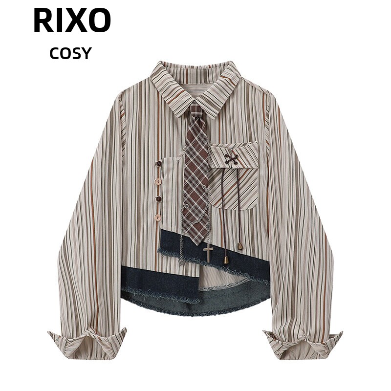 RIXO COSY条纹长袖短款衬衫女秋装美拉德穿搭小众学院风领带上衣