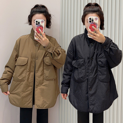 韩版工装棉服女外套2023秋冬季新款宽松大版简约口袋长袖棉衣上衣