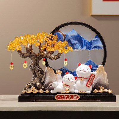 招财猫黄水晶八方来财发财树流沙画摆件客厅酒柜装饰乔迁开业礼物