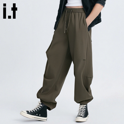 itizzue直筒宽松阔腿长裤系带工装捏褶男休闲裤子秋季2025新款4P
