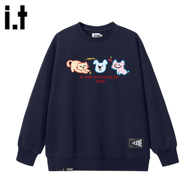 itizzue卫衣女2025新款秋季圆领套头上衣可爱猫咪印花长袖T恤男4P