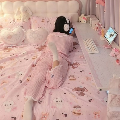 甜点兔四件套少女风三件套亲肤透气床品浅粉可爱床单被套卡通